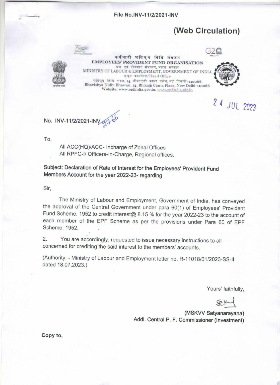 Govt approves 8.15% interest rate for EPFO for FY23